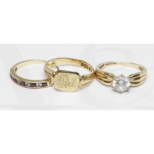 A group of three 9ct gold rings, gross weight 6.3g.