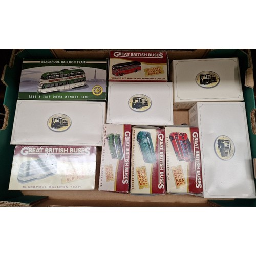 10 boxed Atlas Editions model trams, buses and a trolley bus