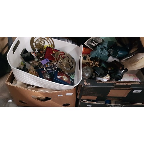 4 boxes of mixed items including costume jewellery, watches, ceramics,