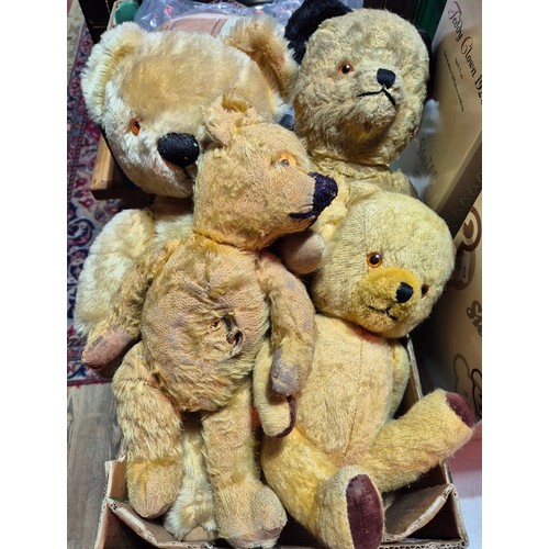 A box of assorted vintage teddy bears.