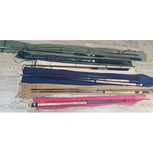 A group of six assorted graphite fishing rods comprising Leeda 8000 ...