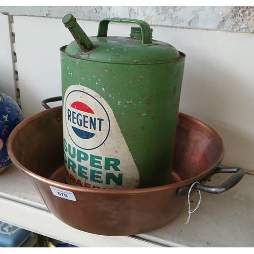 A Regent Super Green Paraffin can and a copper pan.