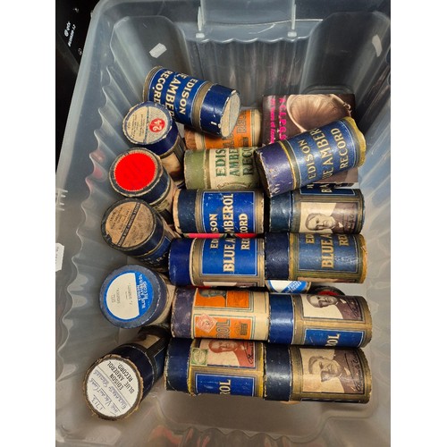 A collection of 49 Edison Blue Amberol phonograph cylinders.