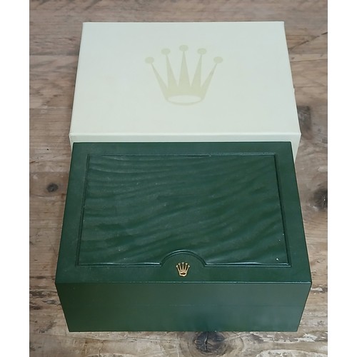A Rolex green watch box with outer cardboard box 21.5cm x 16cm x 9.5cm.