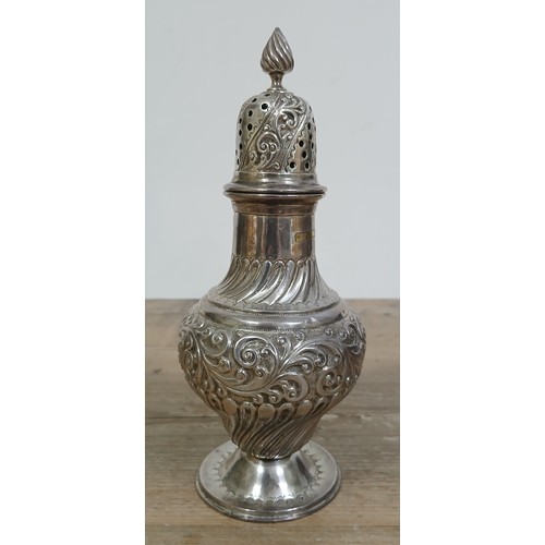 A hallmarked silver castor, height 19cm, weight 4ozt 14dwt.