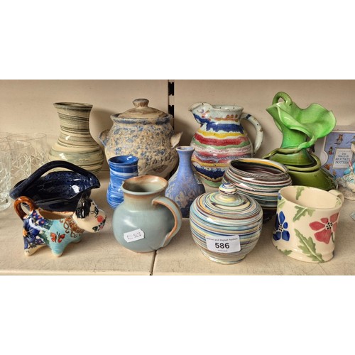 Studio pottery - 12 items including a multi-coloured jug approx 17 cm ...
