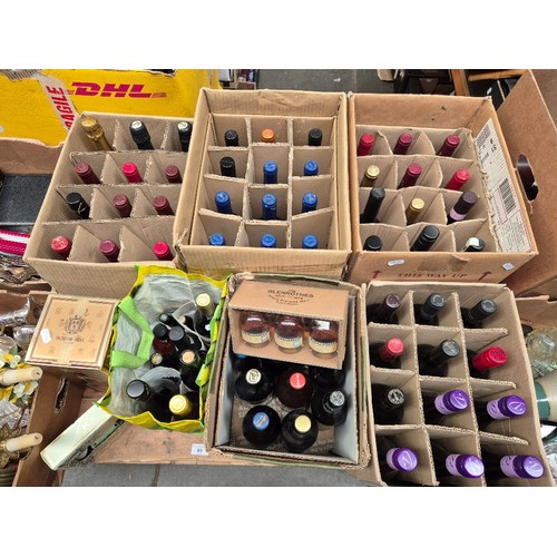 Five boxes and a bag of alcoholic drinks, red and white wine, bottle of ...