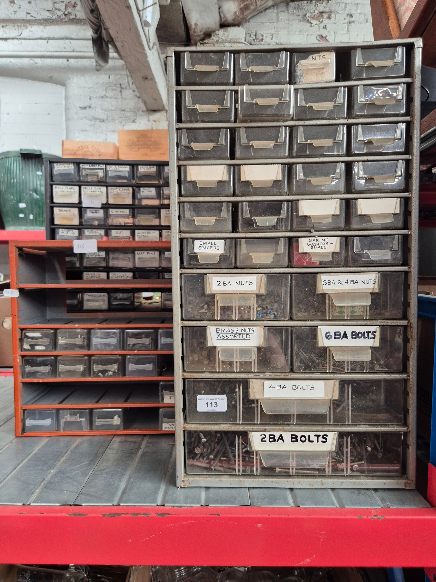Five sets of metal drawer unit to include contents.