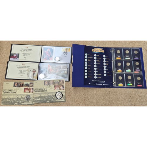 A collection of coins including two silver proof coin covers, alphabet ...
