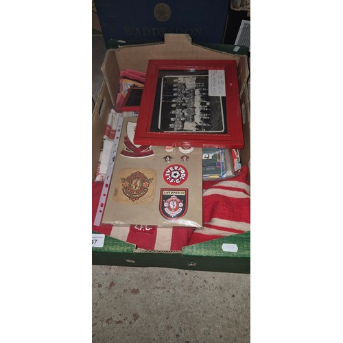 A box of football memorabilia including 1950s Liverpool FC framed photo ...