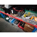 2 shelves of garage items including engineers vice, welding machine ...