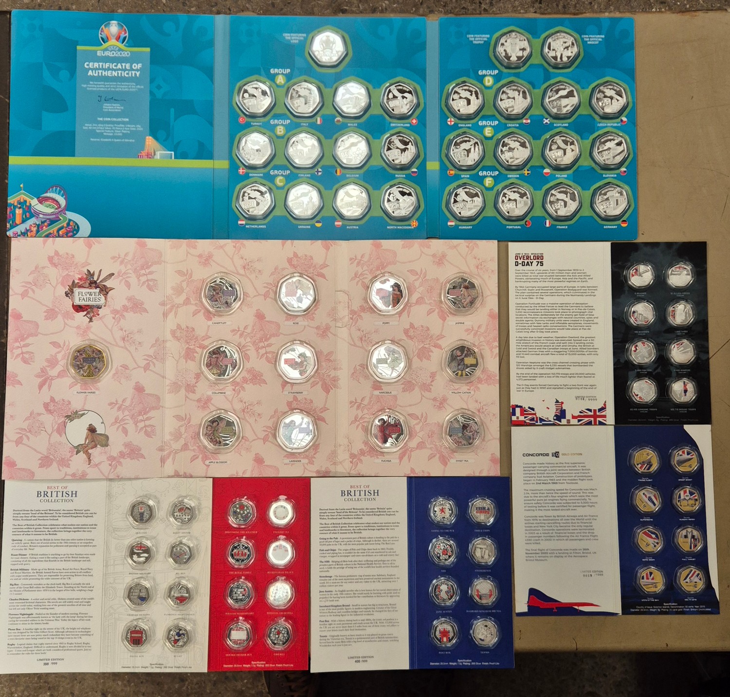 Seven 50p coin sets comprising of a silver plated 'overlord d-day 75 ...