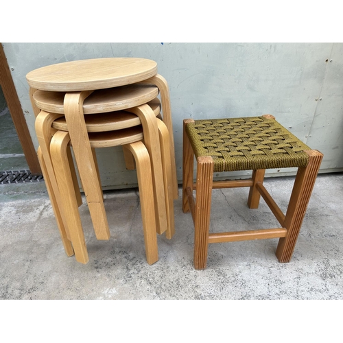 x4 Wooden Stacking Stools Together with Woven Stool