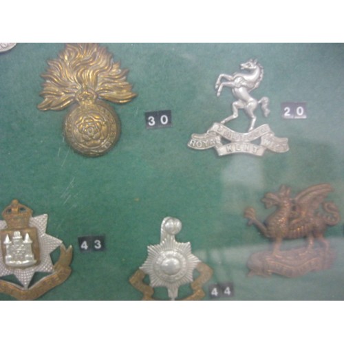 A framed and glazed collection of WW1 military cap badges, in good ...