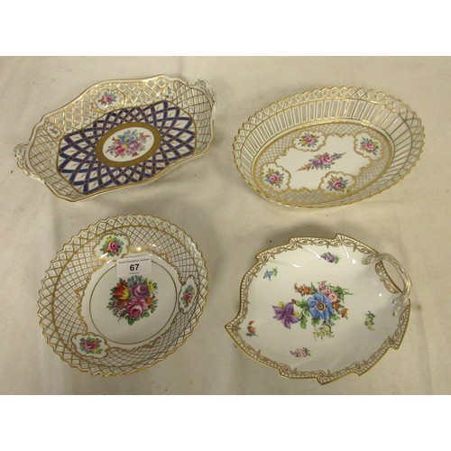 Four pieces of Dresden Pottery ,Three lattice bowls and a handled leaf ...