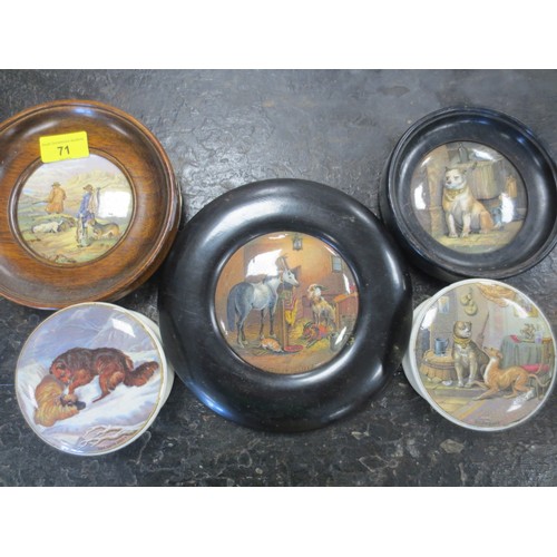 5 Prattware pot lids, two with pots, the other three in wooden holders ...