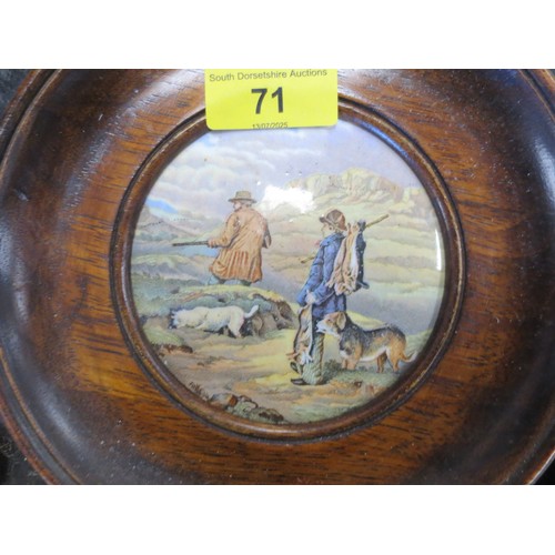 5 Prattware pot lids, two with pots, the other three in wooden holders ...