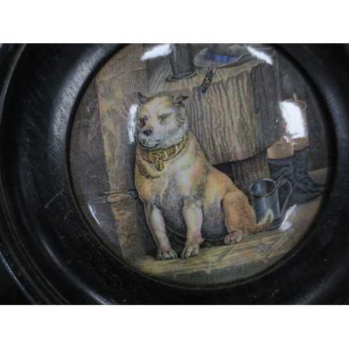 5 Prattware pot lids, two with pots, the other three in wooden holders ...