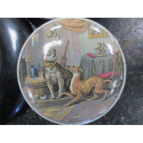 5 Prattware pot lids, two with pots, the other three in wooden holders ...