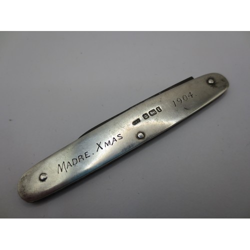 A sterling silver fruit knife, British hallmarks, the scale engraved ...