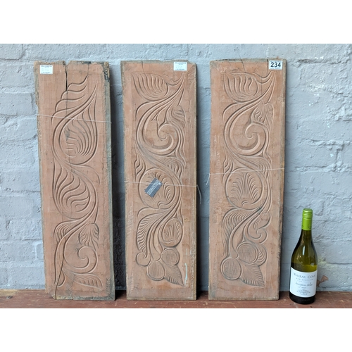 Set of three antique panels with carved design. Dimensions: Width- 22cm Height- 74cm
