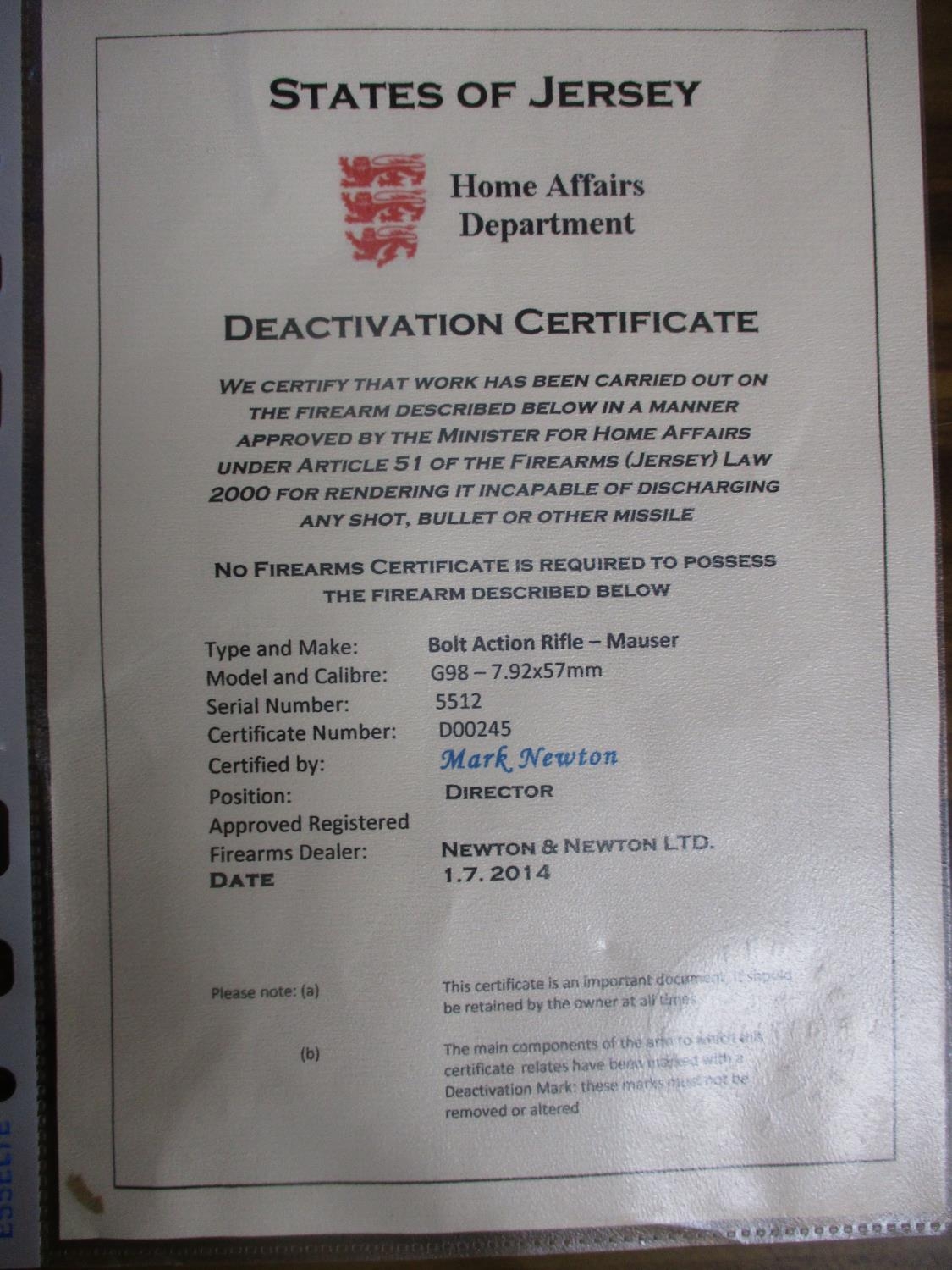 A deactivated bolt action Mauser rifle with certificate of deactivation