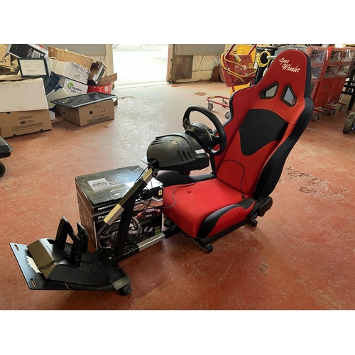 An open wheeler gaming chair and Thrustmaster driving console