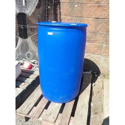 A blue PVC 205 litre barrel