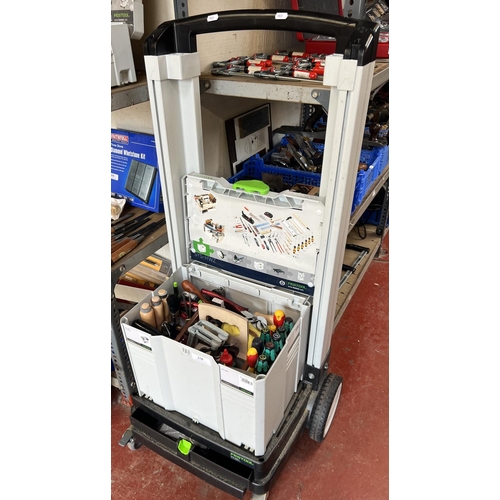 A Festool SYS-HWZ systainer trolley containing a variety of hand tools