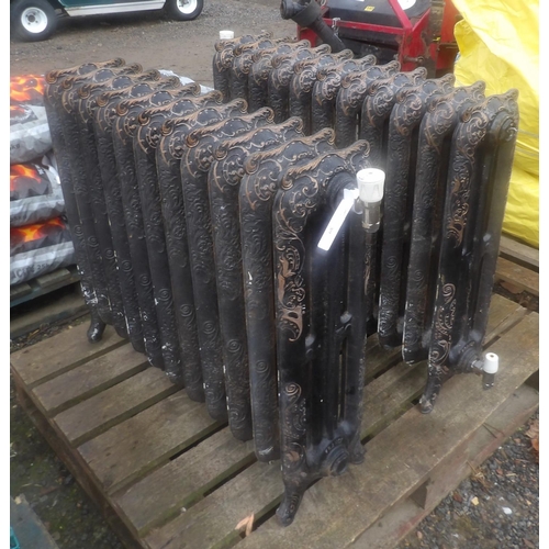 A pair of French cast iron floor standing radiators with ornate designs