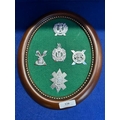 An oval framed collection of five military cap badges