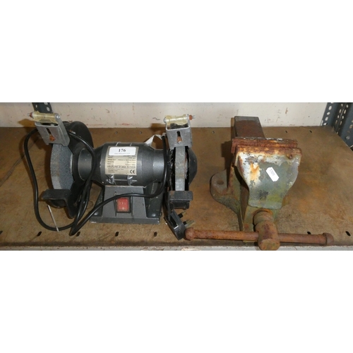 A Performance Power bench grinder together with an anvil bench vice