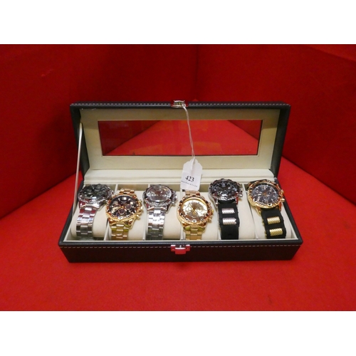 Six Zhowe fashion wrist watches contained within a watch box