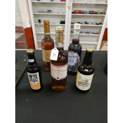 Five bottles of wine, mead, ale and syrup