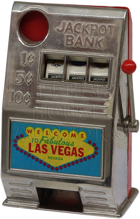 Jackpot Bank one arm bandit by Reno Plastic Mfg. Co., cast metal front ...