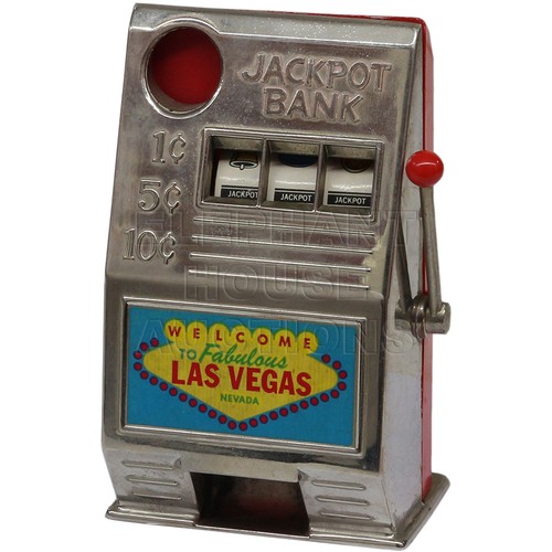 Jackpot Bank one arm bandit by Reno Plastic Mfg. Co., cast metal front ...