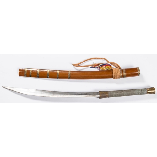 A Burmese dha, curved blade 15", brass mounted hilt with wire bound ...