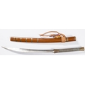 A Burmese dha, curved blade 15", brass mounted hilt with wire bound ...