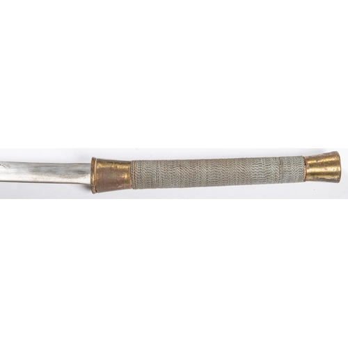 A Burmese dha, curved blade 15", brass mounted hilt with wire bound ...
