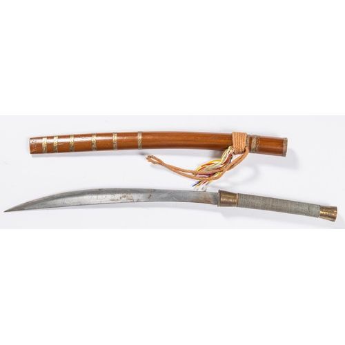 A Burmese dha, curved blade 15", brass mounted hilt with wire bound ...