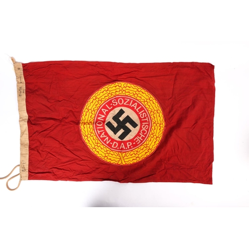 A Third Reich NSDAP flag, 36" x 22", with applied motifs of swastika ...