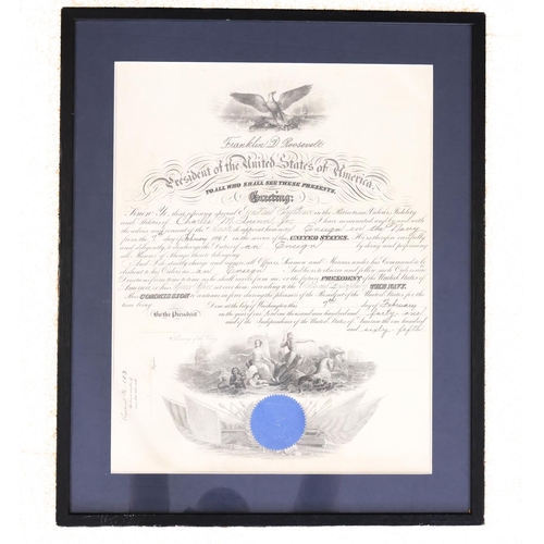 A framed US Navy Ensign's commission document, 23" x 18", dated 1941 ...