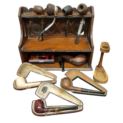 A Fine Edwardian Oak Pipe Rack + Selection of Vintage Smoking Pipes ...