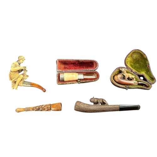 A Number of Antique Hand Carved Pipes & Cheroot (5) two with cases