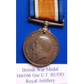 British War Medal 1914-20; to 166106 Gnr. E.T. Rudd. R.A.