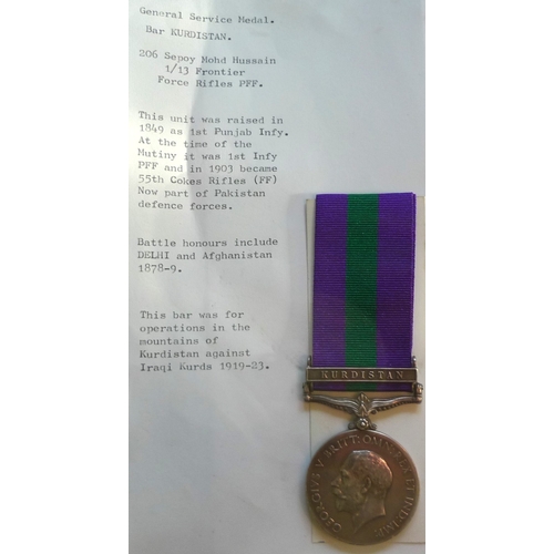 GSM 1918-62 with Kurdistan clasp; to 206 Sepoy Mohd. Hussain. 1/13 ...