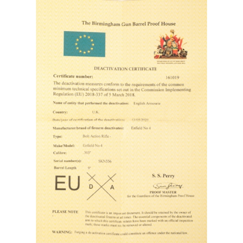 ENFIELD: A No 4 BOLT ACTION RIFLE with deactivation certificate dated ...