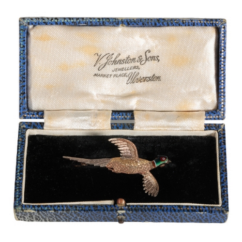 A 9CT GOLD AND COLOURED ENAMEL PHEASANT BROOCH the reverse stamped "J.G ...