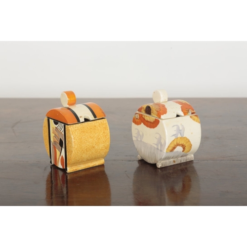 TWO CLARICE CLIFF BIZARRE BONJOUR PRESERVE POTS AND COVERS including an ...