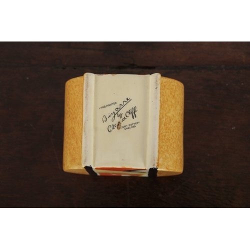 TWO CLARICE CLIFF BIZARRE BONJOUR PRESERVE POTS AND COVERS including an ...